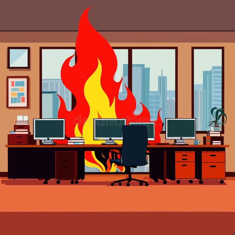 Interior of a Business Office Room on Fire, Vector Clipart Illustration ...
