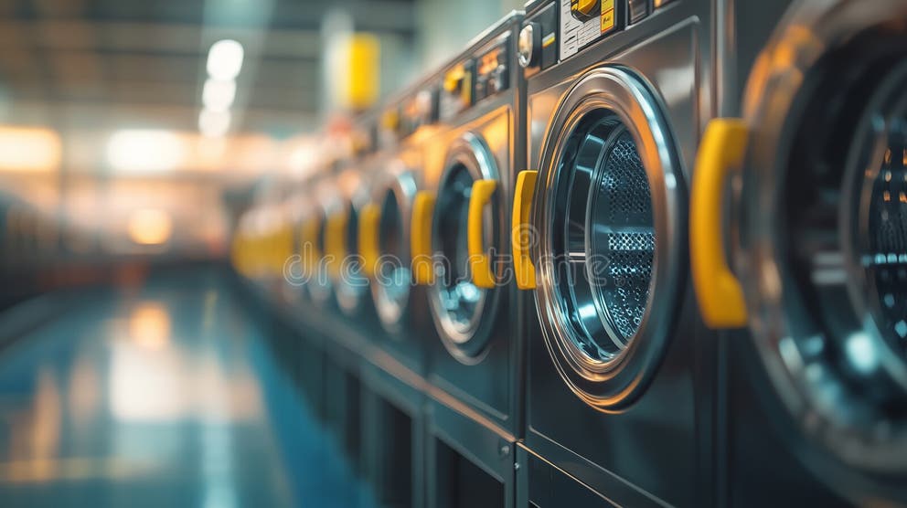 Modern Coin Laundry Facility with Multiple Washing Machines Operating ...