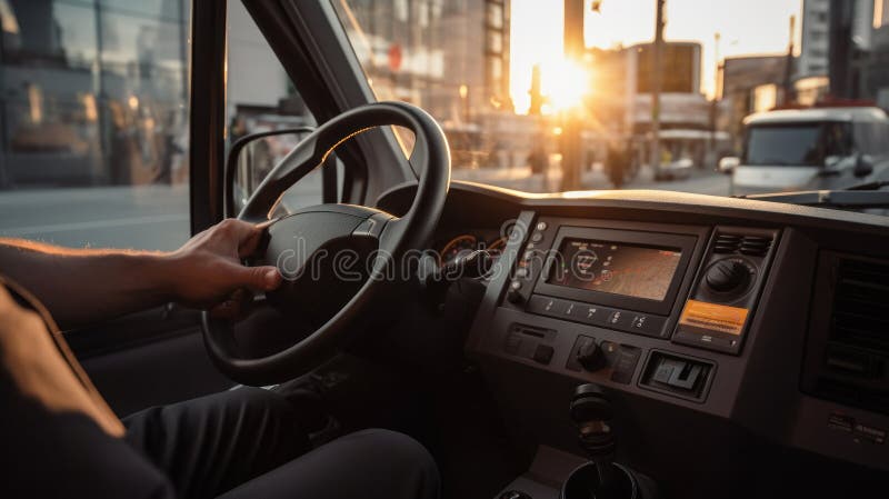 Interior of Cab Airport Transfer Bus with Driver in Motion on Fast ...