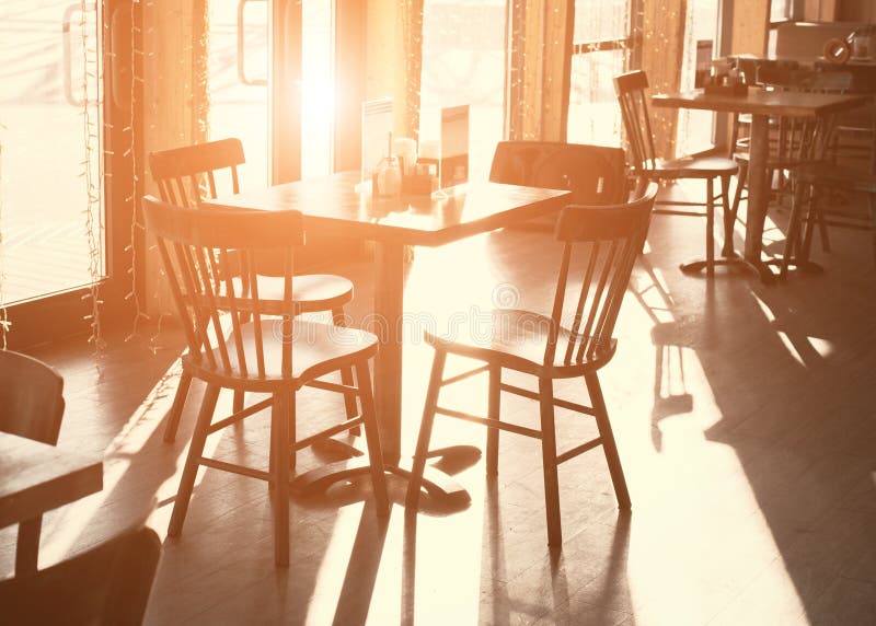 Interior of the Cafe with Large Windows. Sunny Day Stock Photo - Image ...