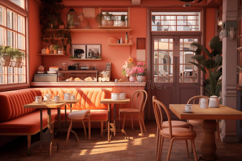 Interior of a Cafe with Orange Walls. Bright Interior with Large ...