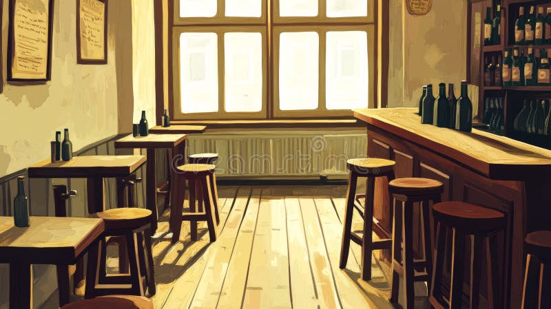 An Interior Cafe Sketch with an Empty Bar, Bathed in Sunlight ...
