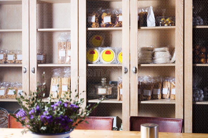 Interior of Cafe with Sweet Stuff in Cupboards Stock Image - Image of ...