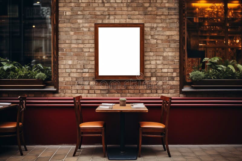 Interior of a Cafe with a Wooden Frame on a Brick Wall. Mock Up Stock ...