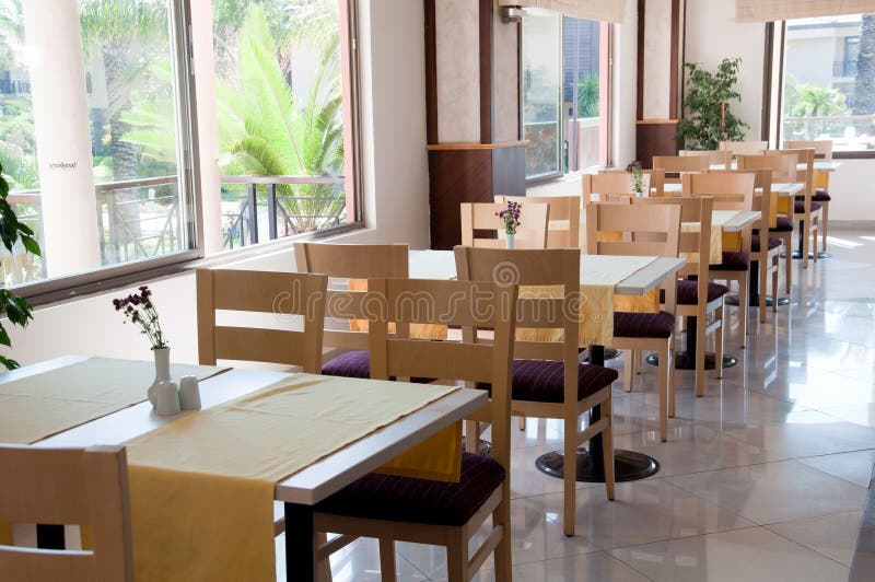 Interior of Cafe with Wooden Tables Stock Photo - Image of banquet ...