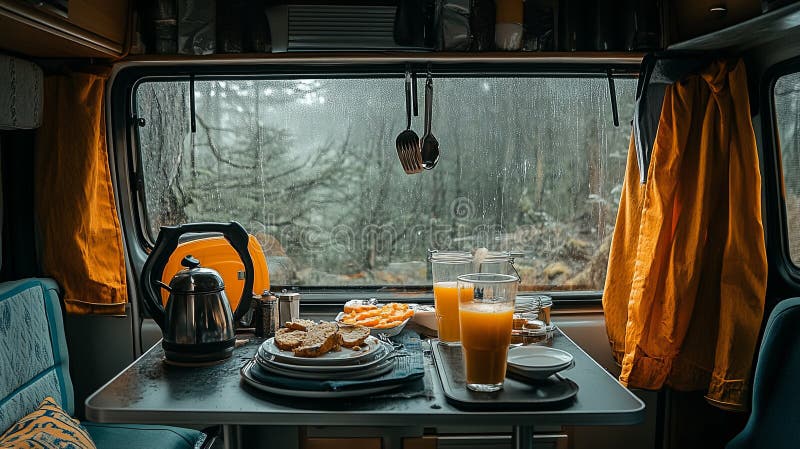 Interior of a Camper Van with a Breakfast Setup . Stock Photo - Image ...