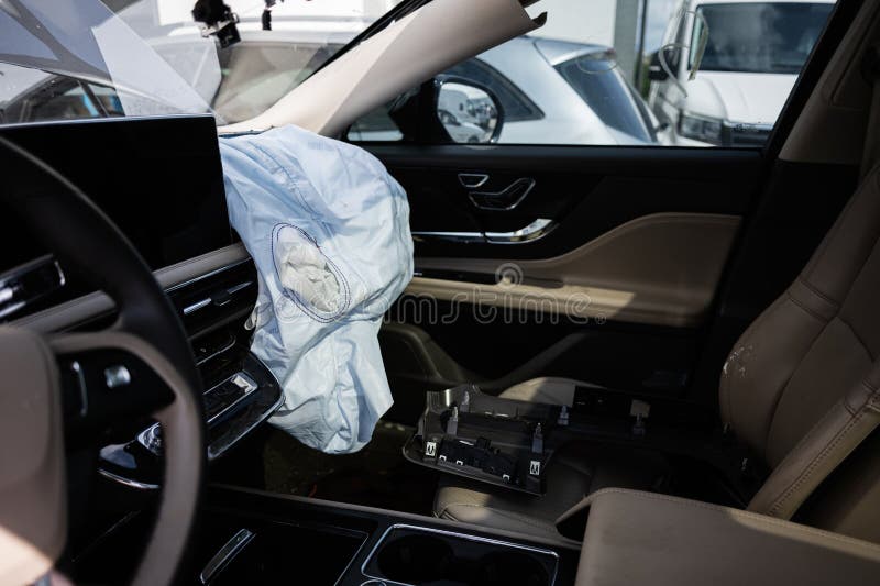 Interior of a Car with Deployed Airbag after an Accident or Collision ...