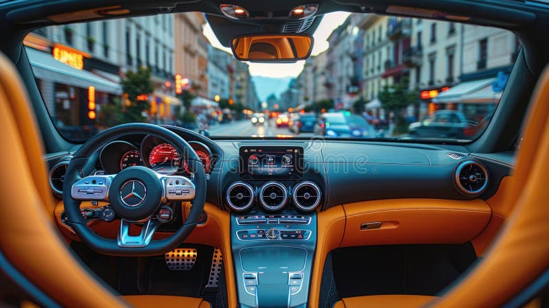 The Interior of a Car is Shown with a City in the Background Stock ...