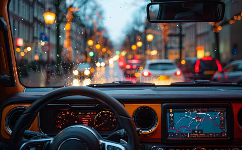Interior of Car Driving through the City Streets at Night Stock Photo ...