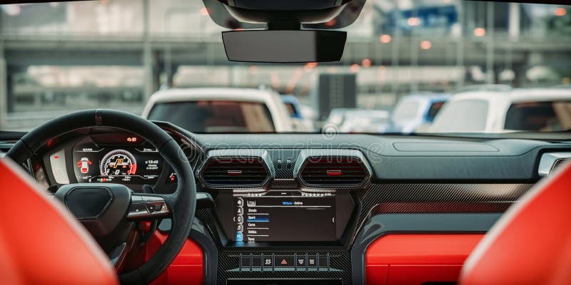 The Interior of the Car Has a Large Screen in the Center. on a Highway ...