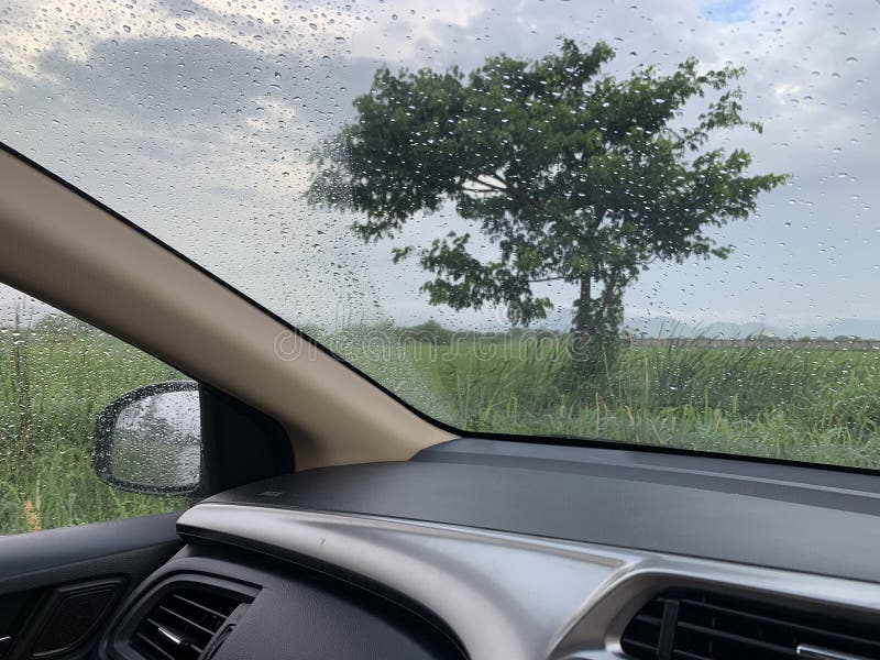 Interior of a Car Parked in a Field Under a Cloudy Sky during the Rain ...