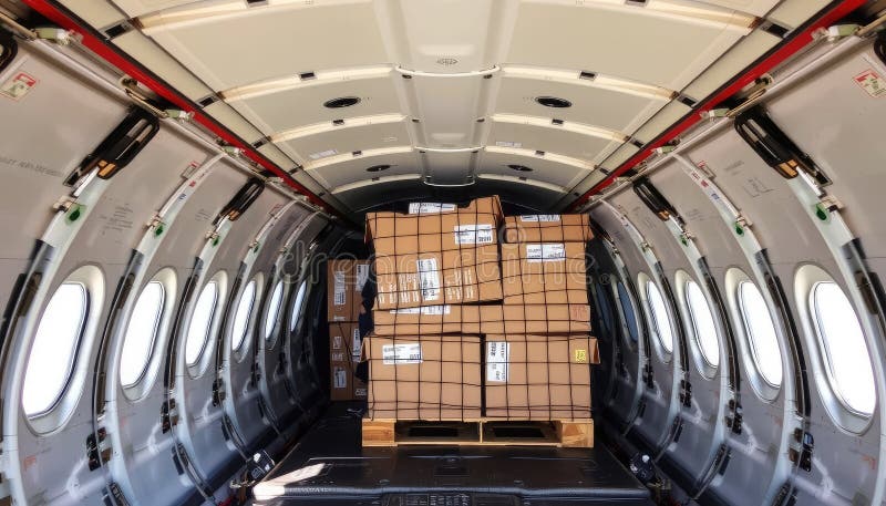 Interior of Cargo Aircraft Filled with Neatly Stacked Boxes Secured ...