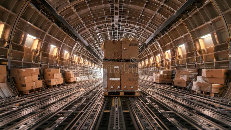 The Interior of a Cargo Plane Filled with Stacked Pallets and ...