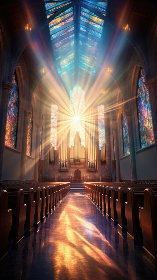 Interior of a Cathedral Church with Stained Glass and Light, Ai Stock ...