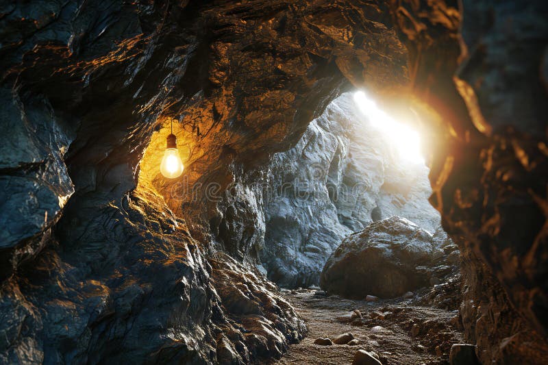 Interior of a Cave with Light Bulb in it Stock Illustration ...