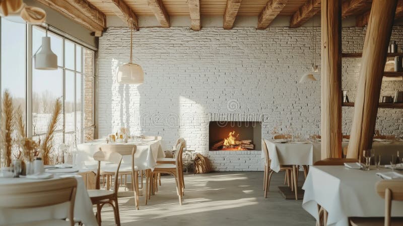 The Interior of this Chic Restaurant Boasts a Fireplace, Large Windows ...