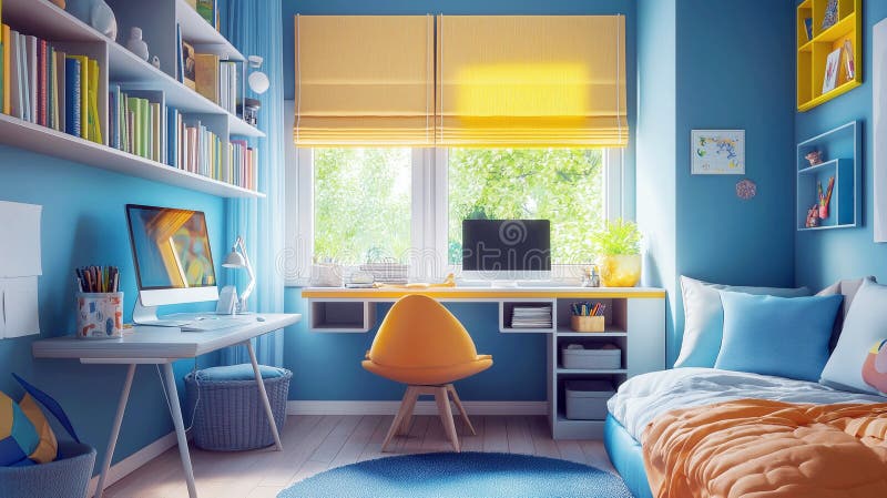 Interior of a Children S Room with a Computer on the Table, Bookshelves ...