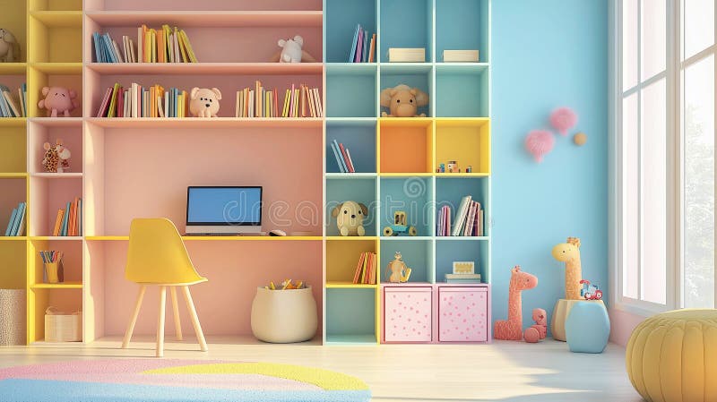 Interior of a Children S Room with a Computer on the Table, Bookshelves ...