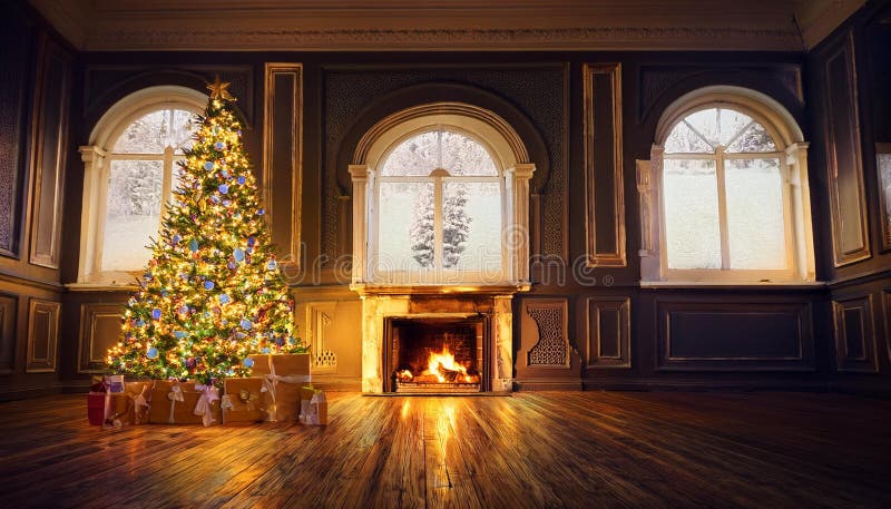 Interior Christmas. Magic Glowing Tree, Fireplace, Gifts Stock ...