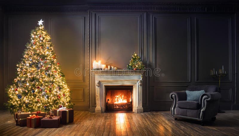 Interior Christmas. Magic Glowing Tree, Fireplace, Gifts Stock ...