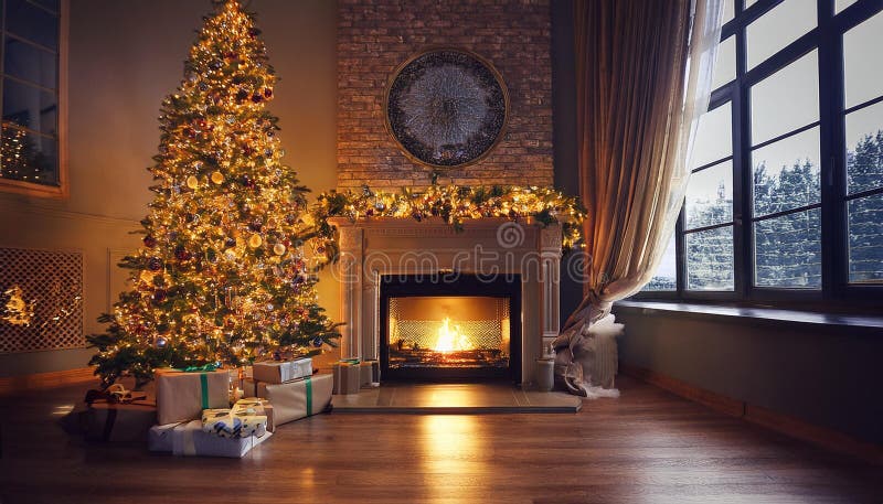 Interior Christmas. Magic Glowing Tree, Fireplace, Gifts Stock ...