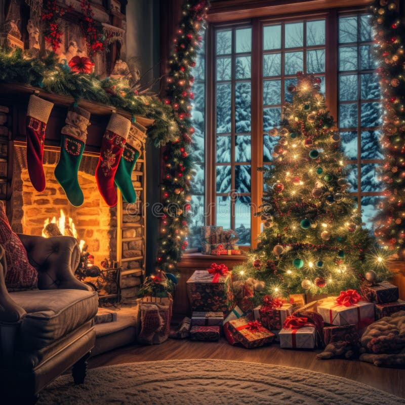 Interior Christmas. Magic Glowing Tree, Fireplace, Gifts in Dark ...