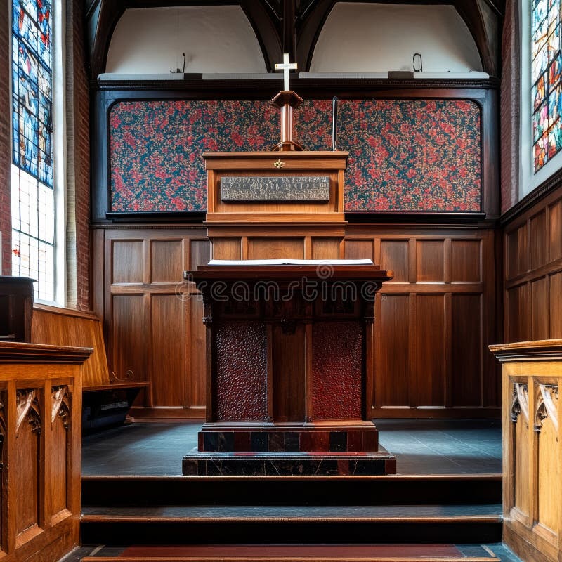 Interior of a Church with a Cross and a Wooden Pulpit Stock ...