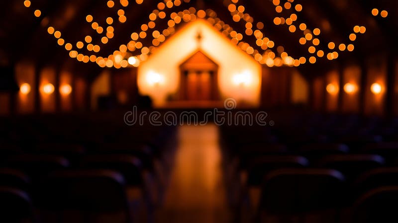 Warmly Lit Interior of a Church with Twinkling Lights during a Quiet ...