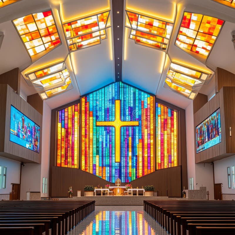 Interior of a Church with Stained Glass Window. 3D Rendering Stock ...