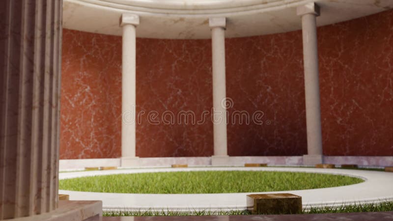 Interior of Circular Building with Columns and Grass Lawn. 3d Animation ...