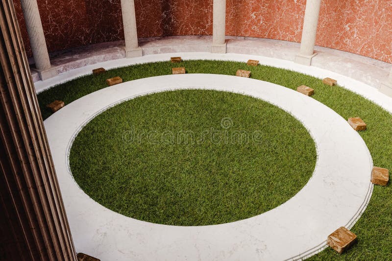 Interior of Circular Building with Columns and Grass Lawn. 3d Render ...
