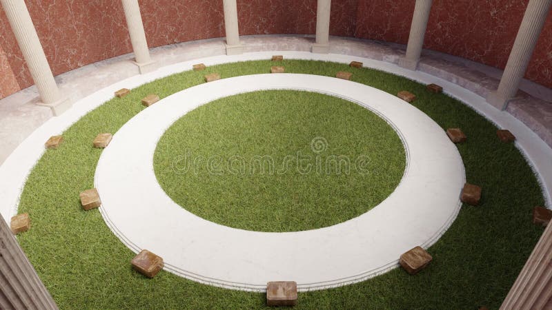 Interior of Circular Courtyard with Columns and Grass Lawn. 3d ...
