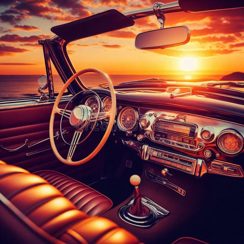 Interior of a Classic Convertible on a Scenic Road at Sunset Stock ...