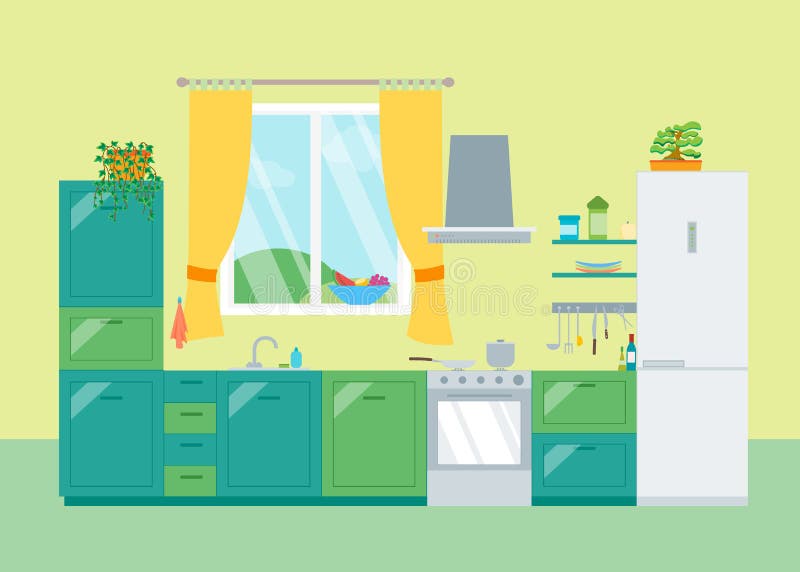 Interior Classic Kitchen with Furniture and Window. Vector Stock Vector ...