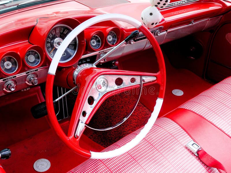 Interior of a Classic Red Vintage Car with Detailed Dashboard and ...