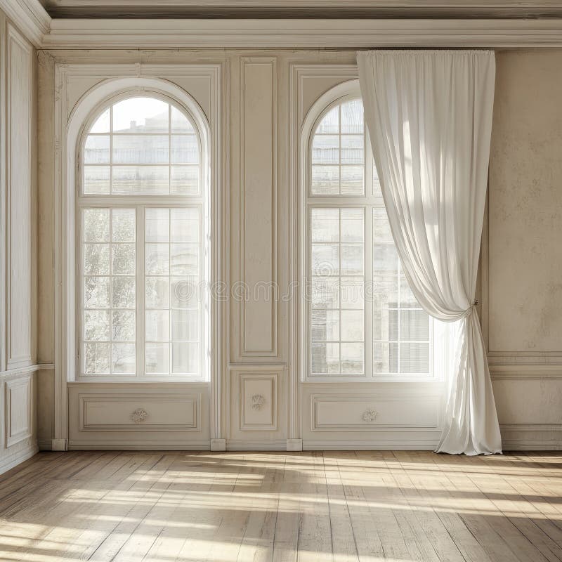 Interior of Classic Room with White Walls, Wooden Floor and Window. 3d ...