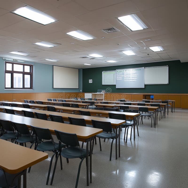Interior of a Classroom with Desks and Chairs. 3D Rendering Stock ...