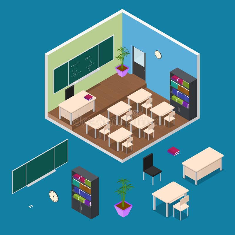 Interior Classroom with Furniture Element Isometric View. Vector Stock ...