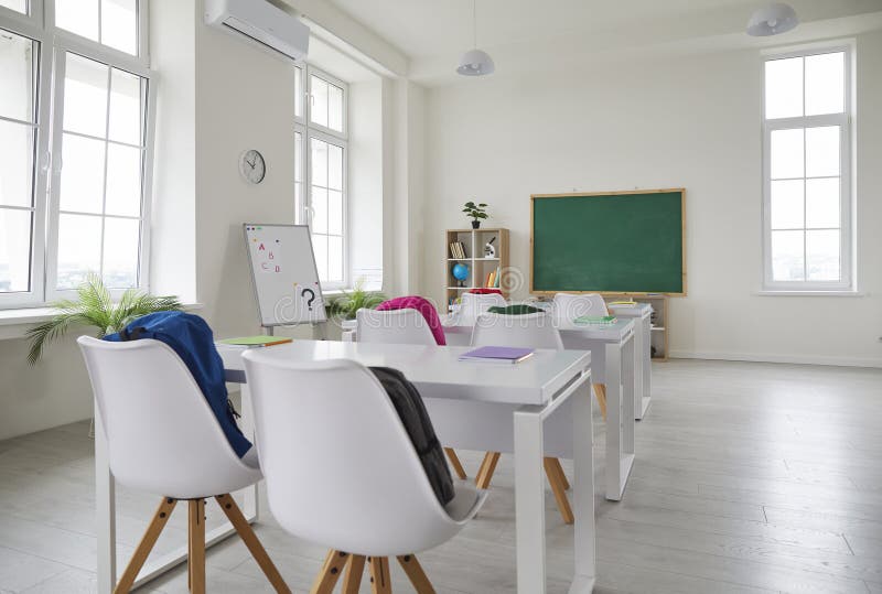 Interior of Classroom at Modern School with Desks, Chairs, Chalkboard ...