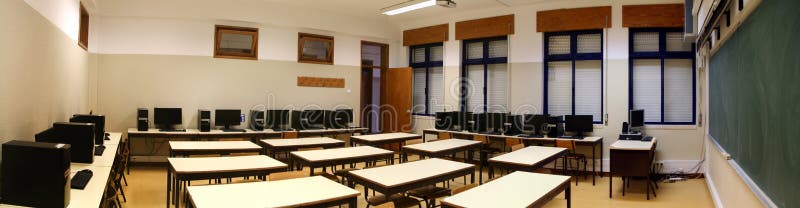 Interior of a Classroom with Row of Computers Stock Image - Image of ...