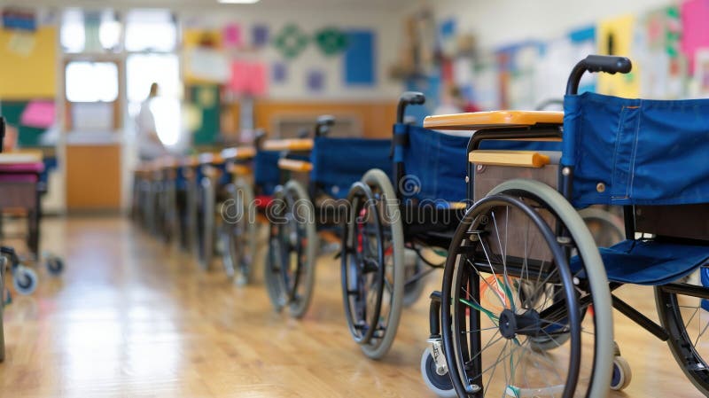 Interior of a Classroom with a Row of Desks and Wheelchairs Stock Photo ...
