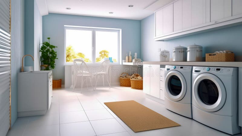 Interior Clean White Laundry Room with Front Load Washer and Dryer ...