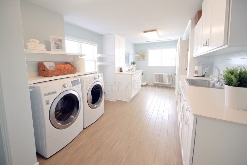 Interior Clean White Laundry Room with Front Load Washer and Dryer ...