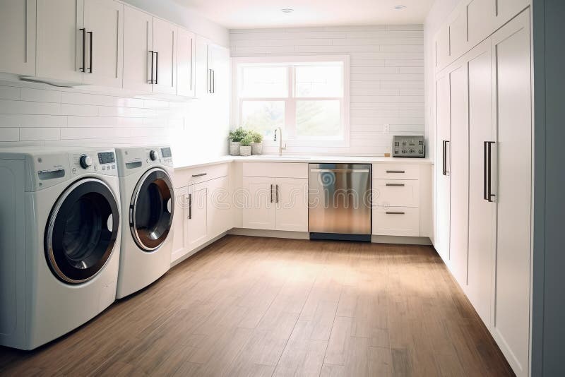 Interior Clean White Laundry Room with Front Load Washer and Dryer ...