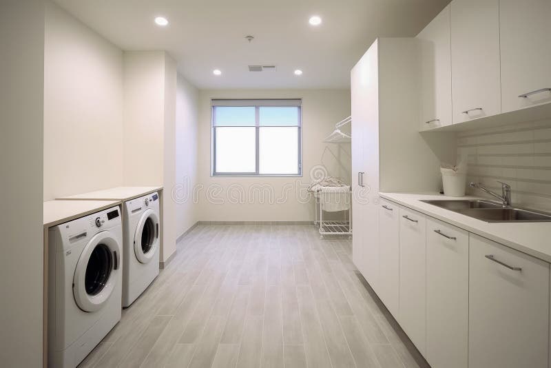 Interior Clean White Laundry Room with Front Load Washer and Dryer ...