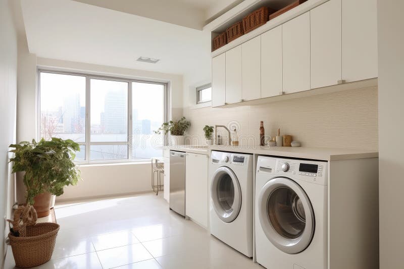 Interior Clean White Laundry Room with Front Load Washer and Dryer ...