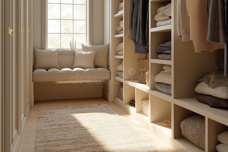 Interior of Closet with Soft Upholstered Bench, Cozy Rug and Folded ...