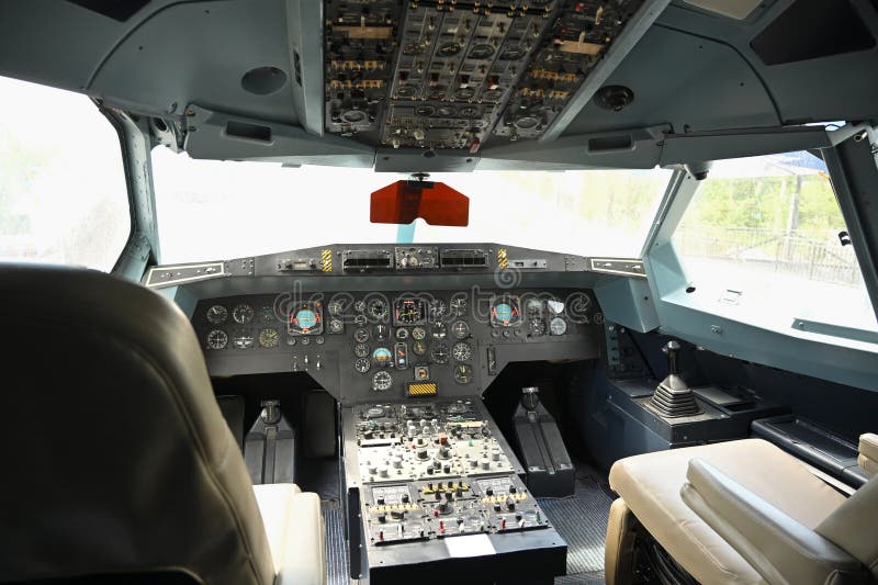 Interior of Cockpit of an Airplane with Control Panels, Instruments and ...