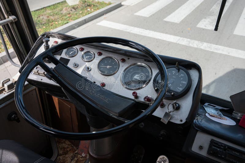 Interior and Cockpit of the Driver S Position of an Old Classic Bus or ...
