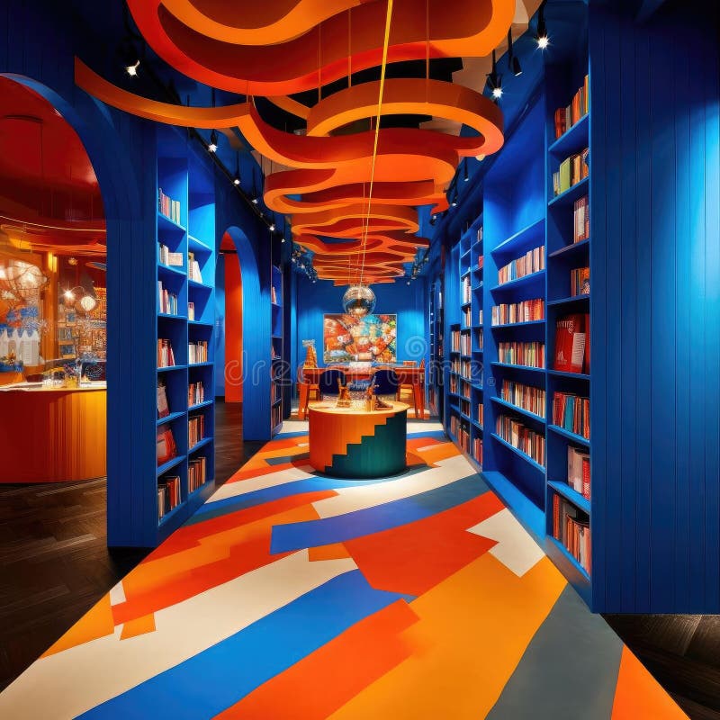 Colorful Library with Computer Workstation Stock Image - Image of ...